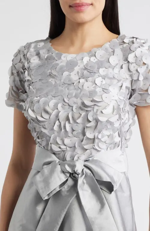 Pisarro Nights 3d Beaded Paillette Bodice Taffeta Gown - Silver