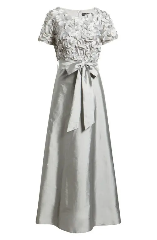Pisarro Nights 3d Beaded Paillette Bodice Taffeta Gown - Silver