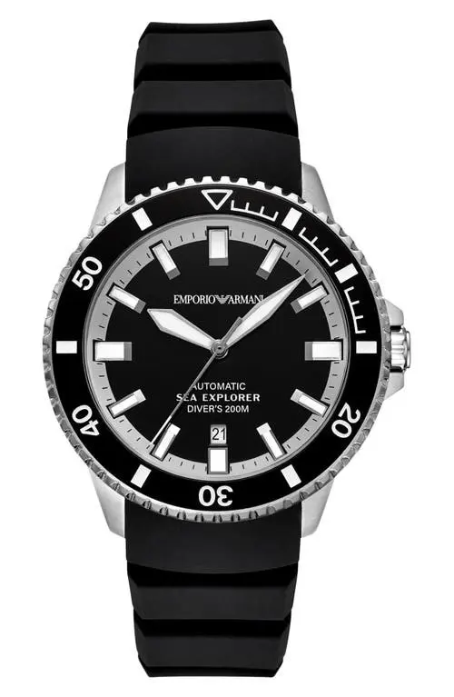 Emporio Armani Sea Explorer Silicone Strap Automatic Diver Watch - Silver