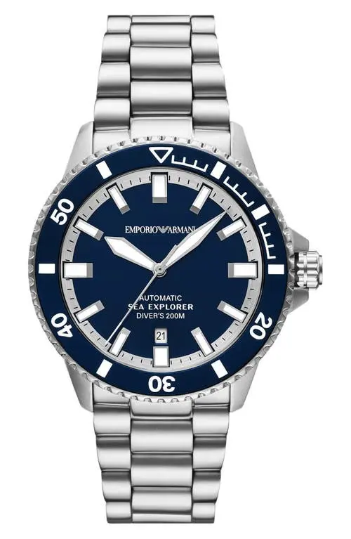 Emporio Armani Sea Explorer Bracelet Strap Automatic Diving Watch - Silver