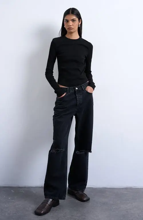 Topshop Long Sleeve Curve Hem Top - Black