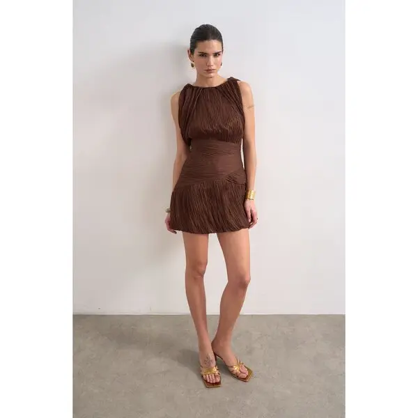 Topshop Drape Shoulders Pleated Mini Dress - Brown