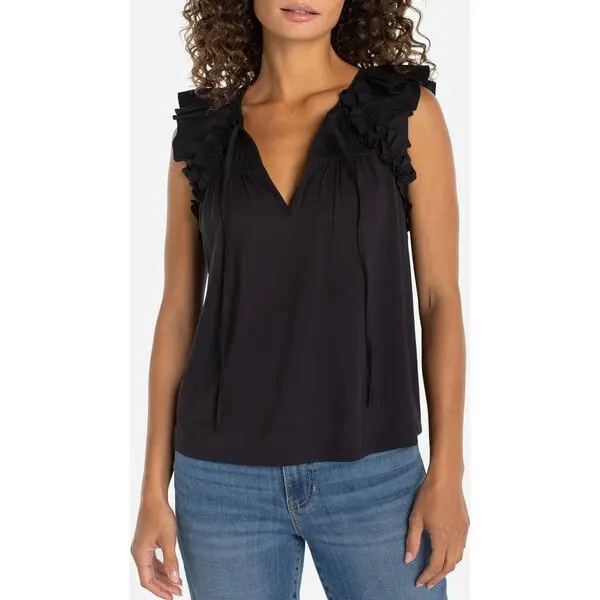 LIVERPOOL Ruffle Shoulder Tie-neck Top - Black