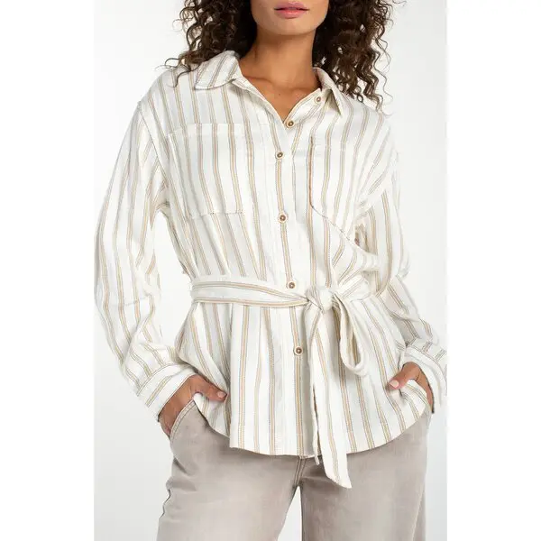 LIVERPOOL Striped Belted Shacket - Cream/tan
