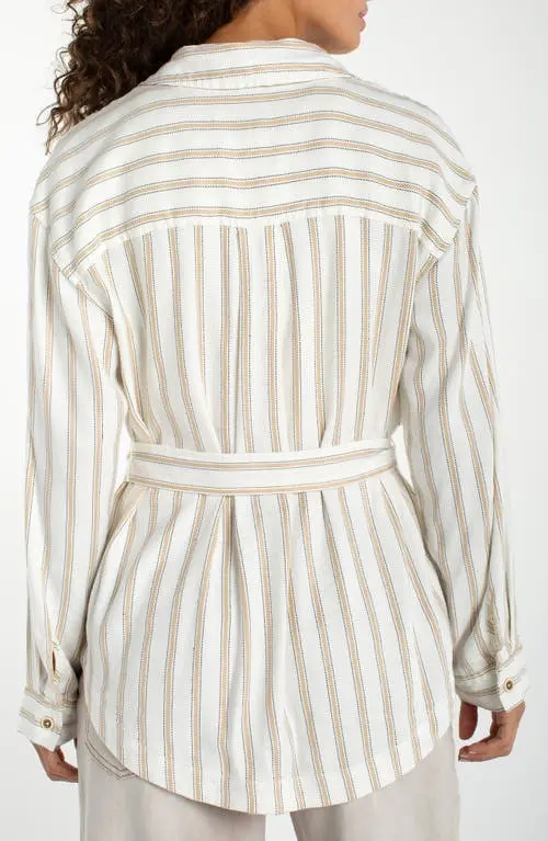 LIVERPOOL Striped Belted Shacket - Cream/tan