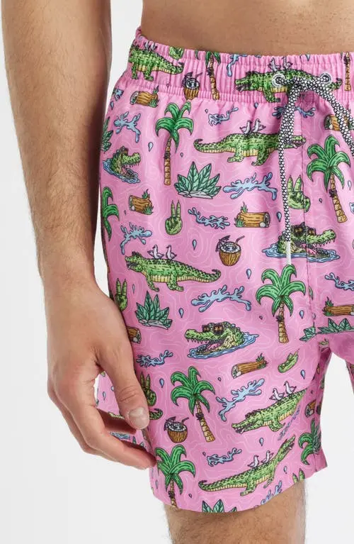 BOARDIES Crocodile Print Mid-length Swim Trunks - Pink