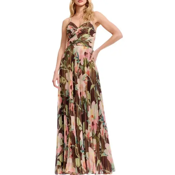 Dress The Population Floral Print Pleated Chiffon Gown