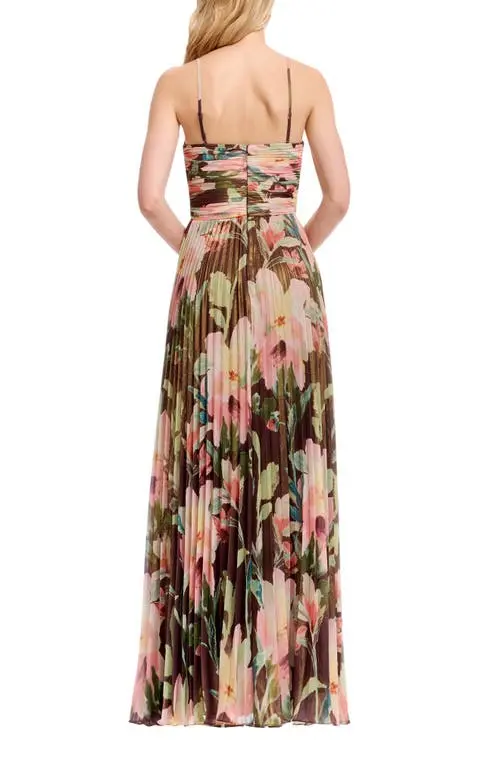 Dress The Population Floral Print Pleated Chiffon Gown