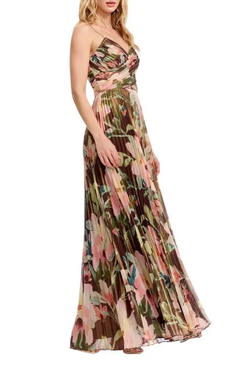 Dress The Population Floral Print Pleated Chiffon Gown