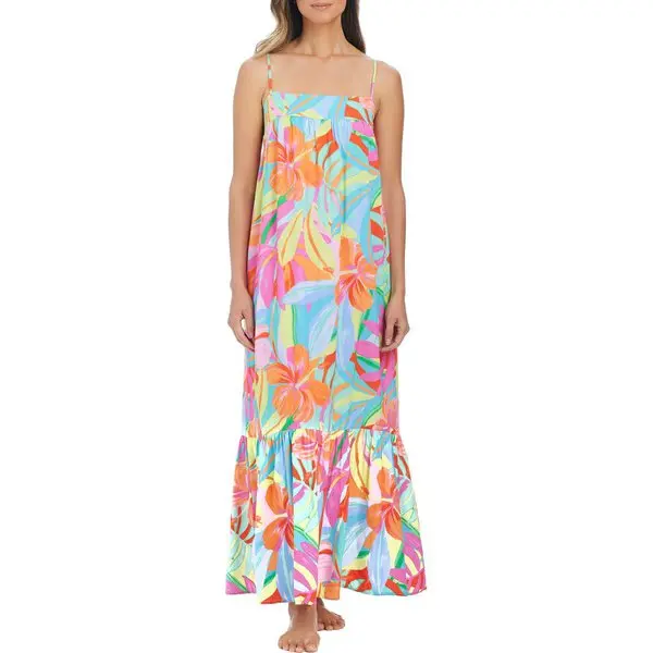 BLEU BY ROD BEATTIE Shirred Bow Back Tiered Maxi Cover-up Sundress - Multi Pink