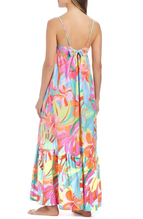 BLEU BY ROD BEATTIE Shirred Bow Back Tiered Maxi Cover-up Sundress - Multi Pink