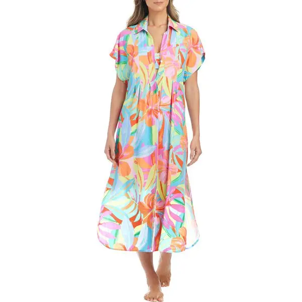 BLEU BY ROD BEATTIE Pleated Dolman Sleeve Shirtdress Cover-up - Pink Multi