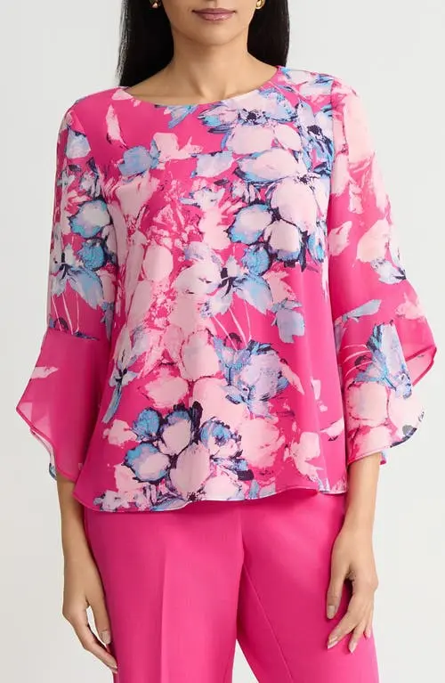 KASPER Ruffle Sleeve Top - Pink Perfection Multi
