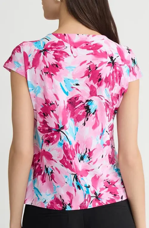 KASPER Floral Cowl Neck Cap Sleeve Top - Lily White Multi