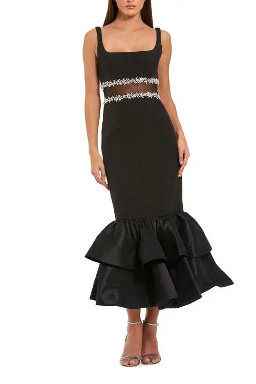 Mac Duggal Satin Gown With Pearl Neckline And Bow Detail - Black