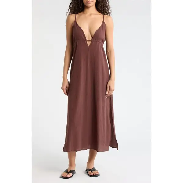 Sanctuary Crinkle Gauze Midi Dress - Espresso