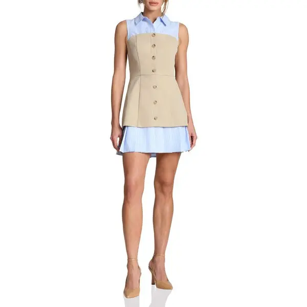 Avec Les Filles Sleeveless Mixed Media Shirtdress - Khaki And Blue Stripe