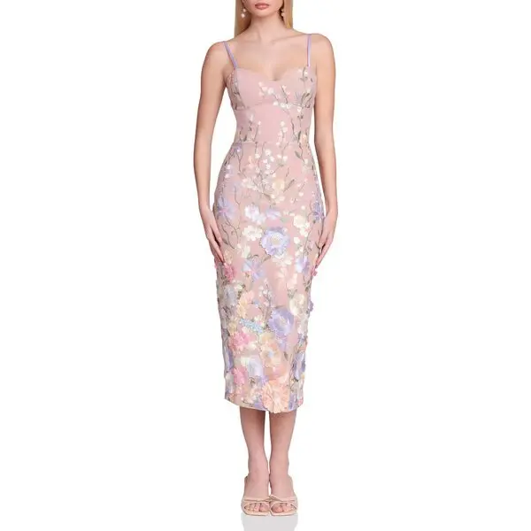 Avec Les Filles Embroidered Floral Appliqué Stretch Cotton Midi Sheath Dress - Pastel Multi