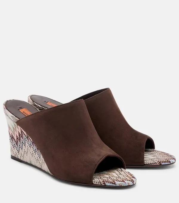 Missoni Mabel Zigzag Suede Wedge Mules - Brown