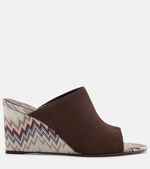 Missoni Mabel Zigzag Suede Wedge Mules - Brown