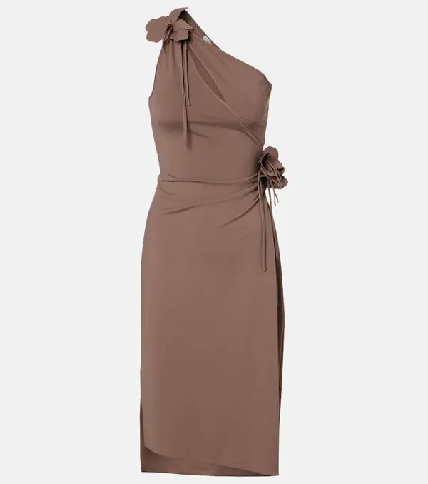 Coperni Floral-appliqué One-shoulder Jersey Cocktail Dress - Brown