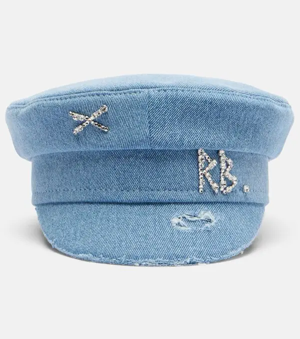 Ruslan Baginskiy Embellished Distressed Denim Newsboy Cap - Blue