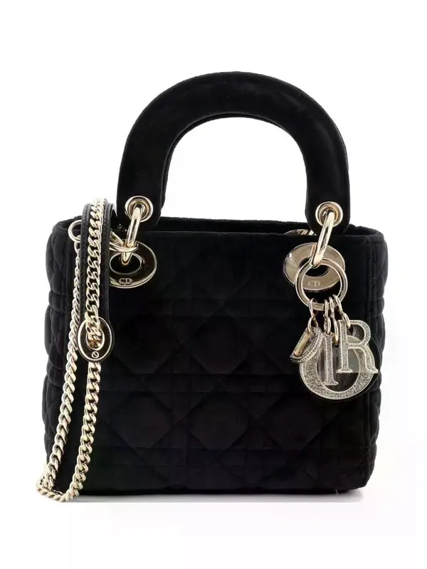 Dior Lady Cannage Quilt Velvet Chain Bag With Crystal Charms