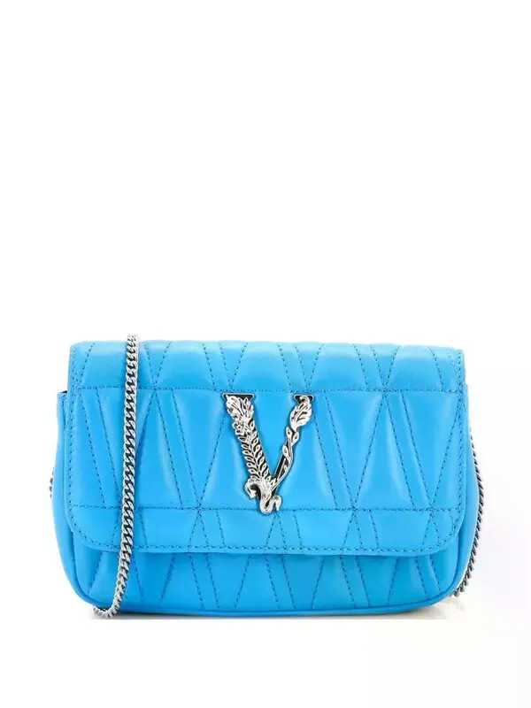 Versace Virtus Chain Flap Shoulder Bag Quilted Leather Mini Crossbody Bag - Blue