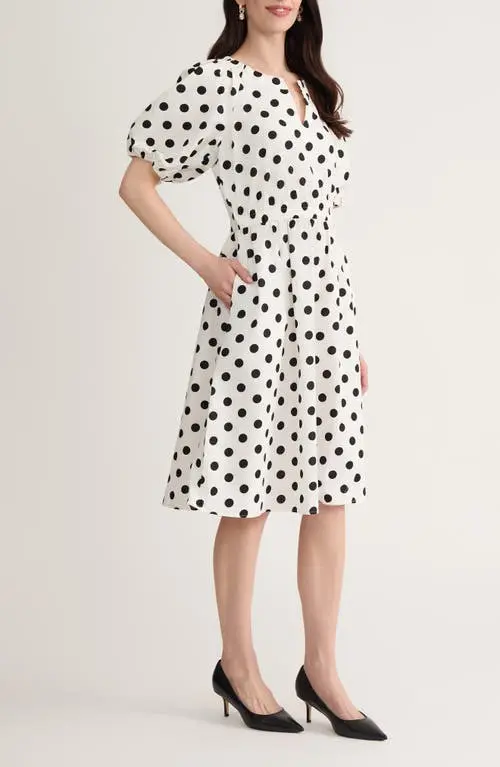 KASPER Polka Dot Puff-sleeve Dress - Lily White/black