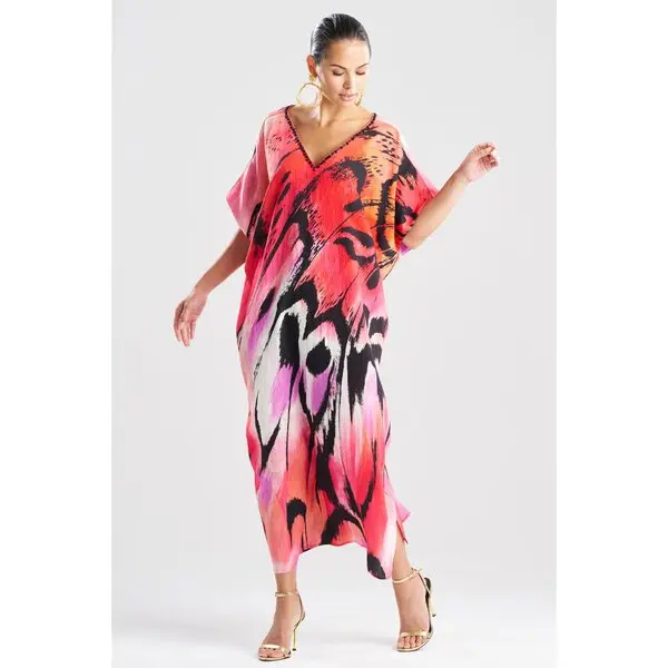 Natori Butterfly Linen Blend Kaftan With Beading - Red
