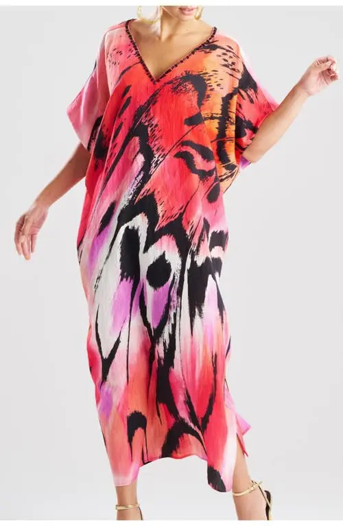 Natori Butterfly Linen Blend Kaftan With Beading