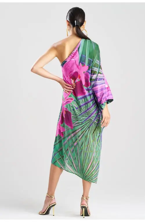 Natori Orchid Silk Cotton Voile One Shoulder Caftan W/ Beading