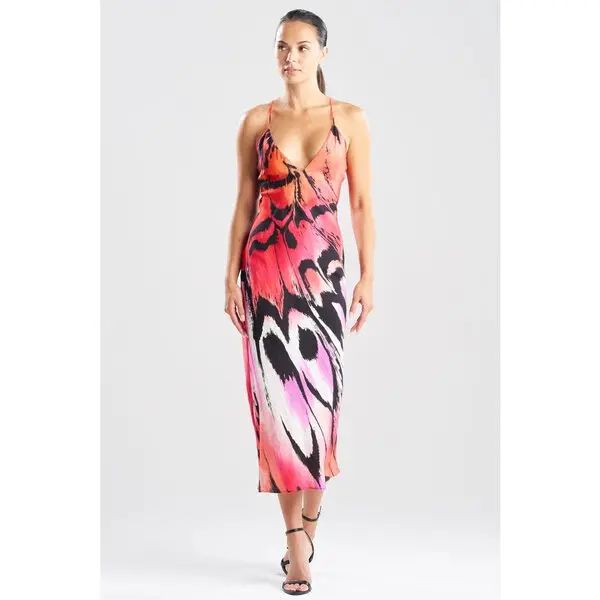 Natori Butterfly Linen Blend Slip Dress - Red
