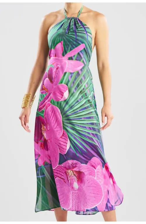 Natori Orchid Silk Cotton Voile Halter Maxi Dress