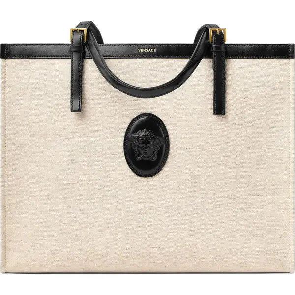 Versace Large Rivière Canvas Tote - Beige Black/gold