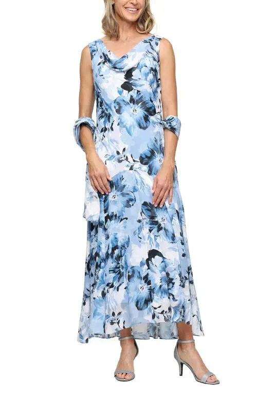Alex Evenings Floral Burnout Chiffon Gown With Shawl