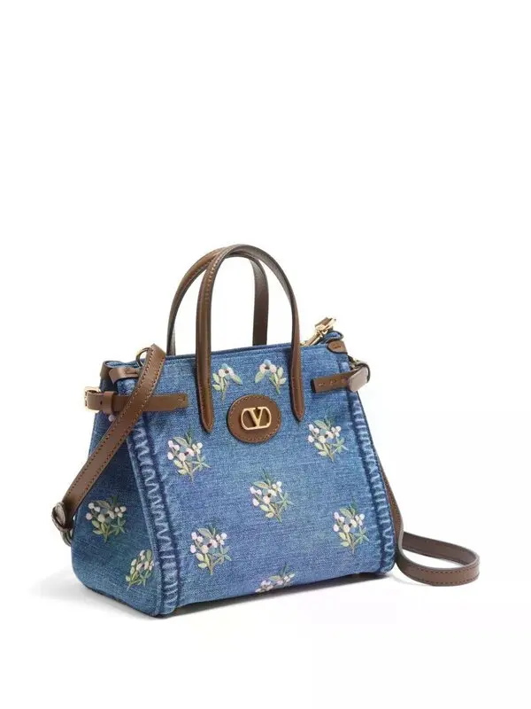 Valentino Garavani Antibes Small Embroidered Denim Shopping Bag - Blue