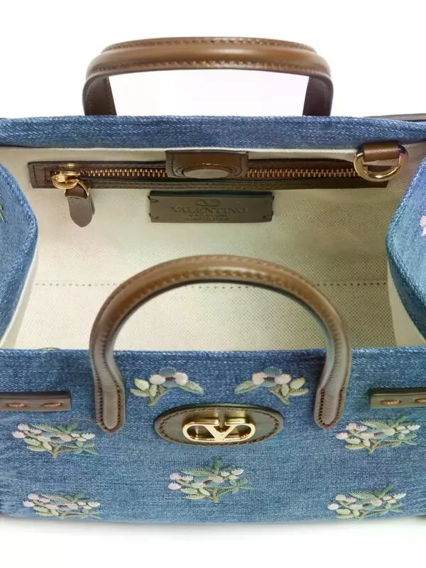 Valentino Garavani Antibes Small Embroidered Denim Shopping Bag - Blue