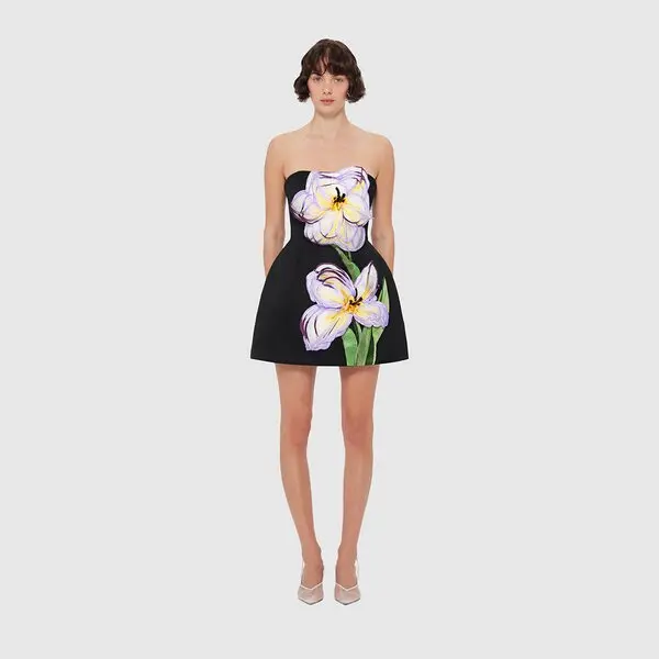 LEO LIN Rosario Appliqué Floral Bustier Mini Dress - Iris Print In Ebony