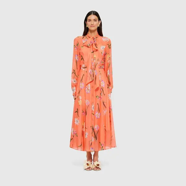 LEO LIN Liliane Tie Neck Midi Dress - Wild Flower In Coral