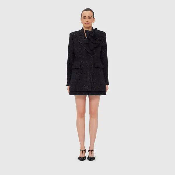 LEO LIN Jazlyn Tweed Blazer With Floral Embellishment - Ebony