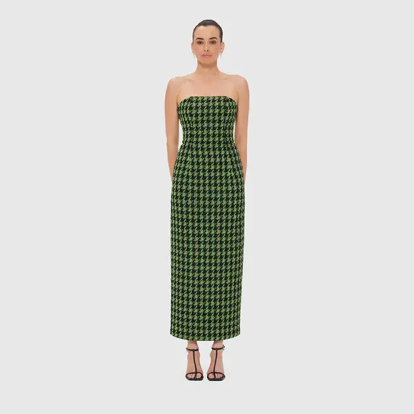 LEO LIN Rayna Tweed Bustier Maxi Dress - Houndstooth