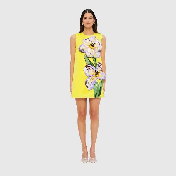 LEO LIN Yvonne Appliqué Floral Mini Dress - Iris Print In Yellow