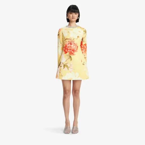 LEO LIN Aliza Embellished Long Sleeve Mini Dress - Peony Print In Yellow