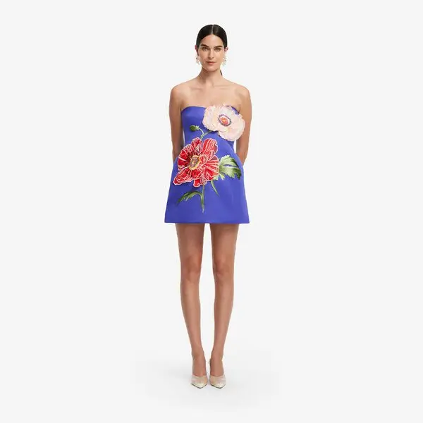 LEO LIN Rosario Appliqué Floral Bustier Mini Dress - Lapis