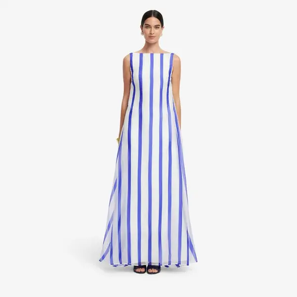 LEO LIN Yumei Striped Open Back Gown - Navy