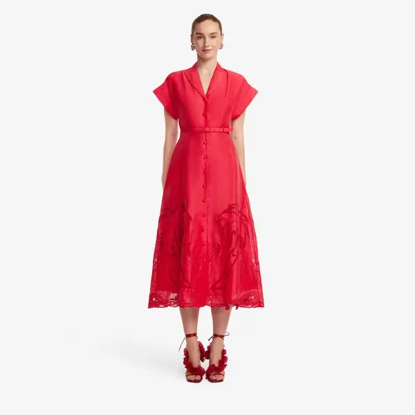 LEO LIN Aubrey Palm Shirt Midi Dress - Scarlet