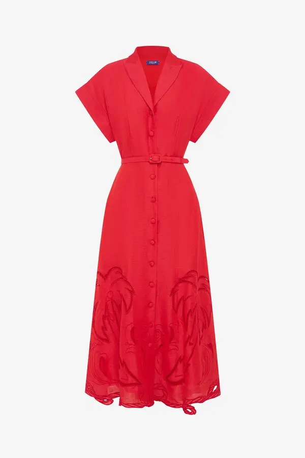 LEO LIN Aubrey Palm Shirt Midi Dress - Scarlet
