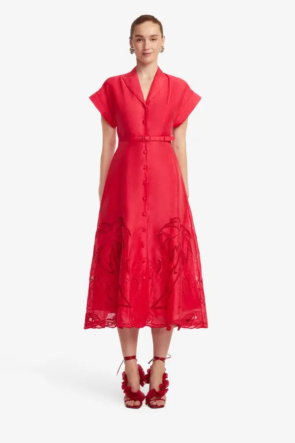 LEO LIN Aubrey Palm Shirt Midi Dress - Scarlet