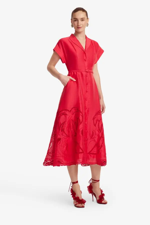 LEO LIN Aubrey Palm Shirt Midi Dress - Scarlet